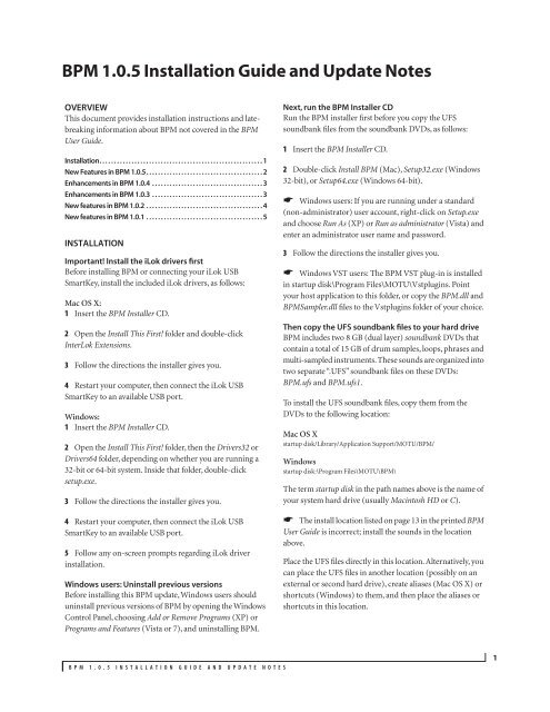 BPM 1.0.5 Installation Guide and Update Notes - MOTU.com