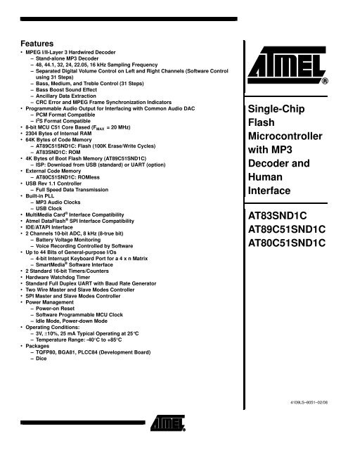 Single-Chip Flash Microcontroller with MP3 Decoder and ... - Atmel