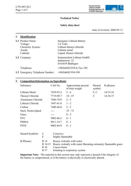 Technical Notice Safety data sheet 1 - Sonnenschein Lithium Batterien