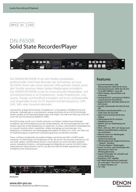 DN-F650R Solid State Recorder/Player - D&M Professional Europe