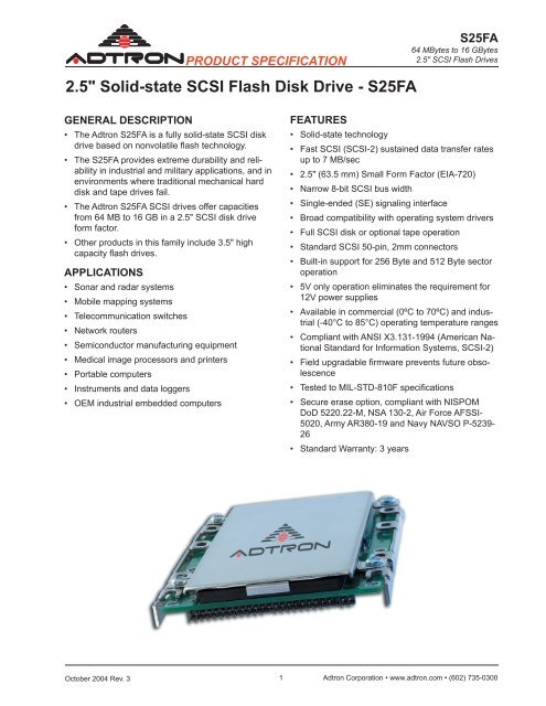 2.5" Solid-state SCSI Flash Disk Drive - S25FA - Adtron Corporation