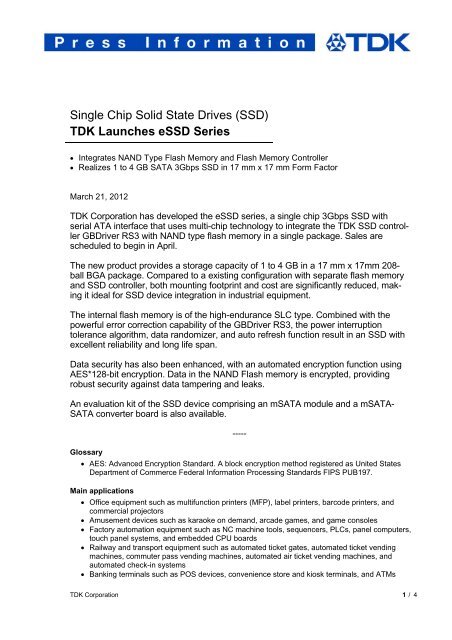 Single Chip Solid State Drives (SSD) : TDK Launches eSSD Series