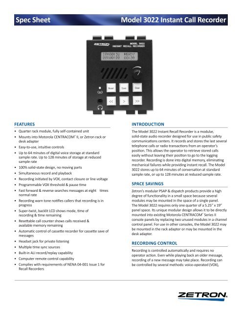 Model 3022 Instant Call Recorder Spec Sheet - Zetron