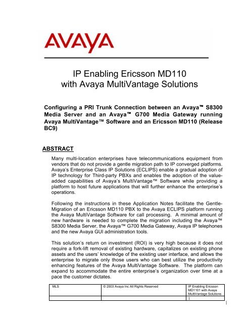 IP Enabling Ericsson MD110 with Avaya MultiVantage Solutions