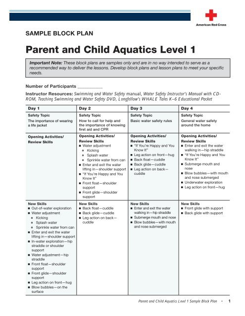 Level 1 Parent Child Lesson Plan - Mandan Park District
