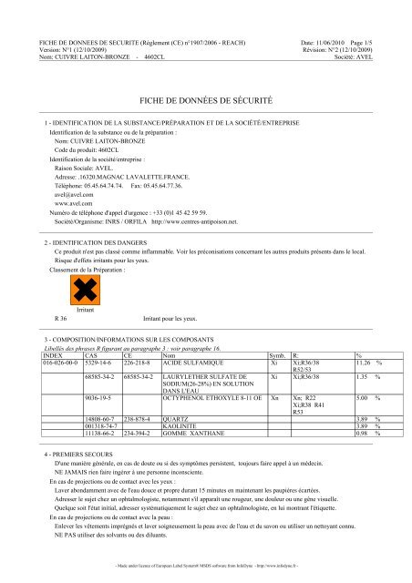 Fiche de sécurité nettoyant pour cuivre laiton bronze - HM diffusion