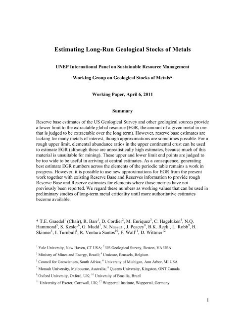 Estimating Long-Run Geological Stocks of Metals - UNEP