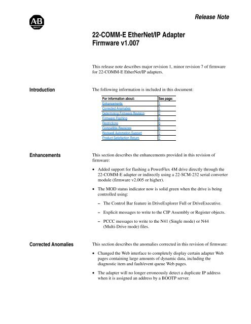 22-COMM-E EtherNet/IP Adapter Firmware v1.007 - Allen-Bradley