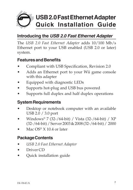 USB 2.0 Fast Ethernet Adapter Quick Installation Guide - Siig.com