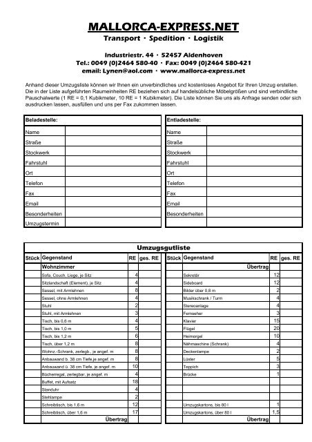 Umzugsliste - Mallorca-Express