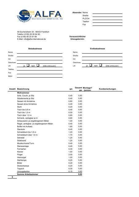 Umzugsliste als PDF (88 KB) - Alfa Möbelspedition, Frankfurt