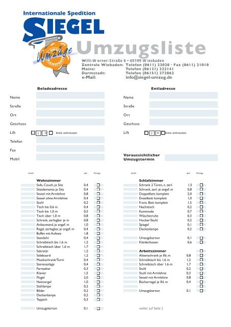 Umzugsliste als PDF - Siegel Umzüge
