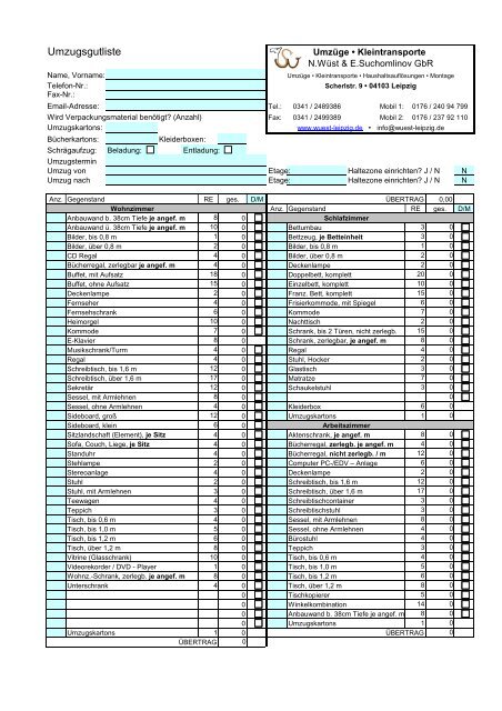 Umzugsgutliste als pdf-Datei - Umzüge und Kleintransporte in Leipzig