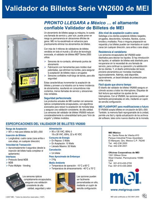 Validador de Billetes Serie VN2600 de MEI