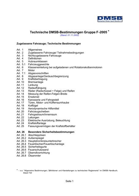Technische DMSB-Bestimmungen Gruppe F-2005 * - EWO-Motorsport