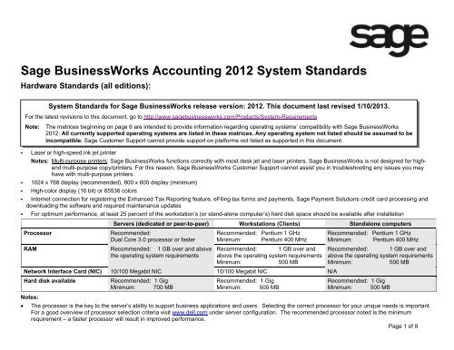 Sage BusinessWorks Accounting 2012 System Standards
