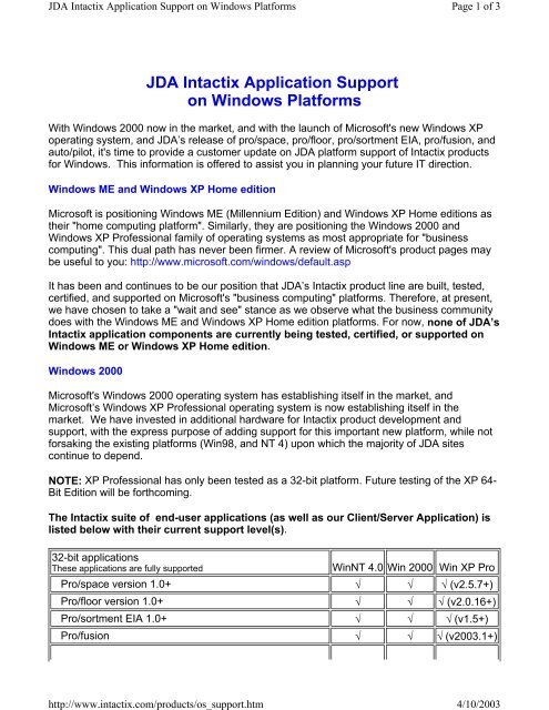 JDA Intactix Application Support on Windows Platforms - JDA Software