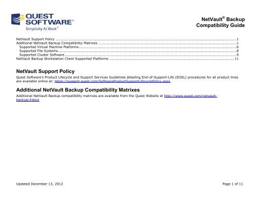 NetVault Backup Compatibility List: Supported ... - Quest Software
