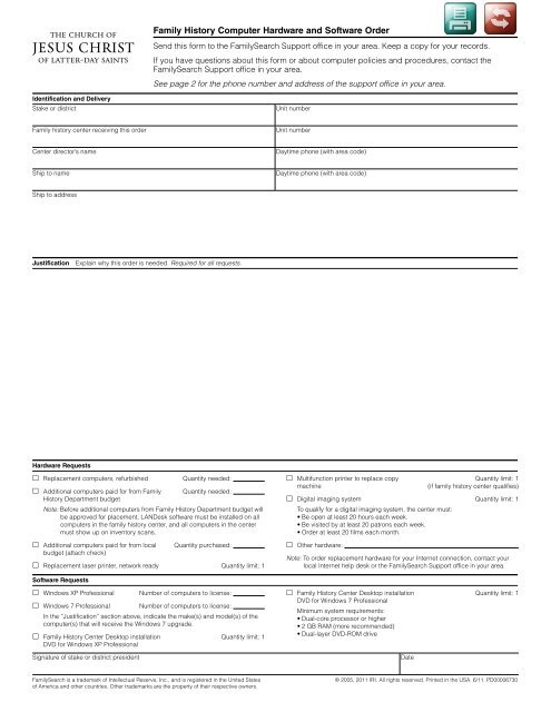 Family History Computer Hardware and Software Order Form