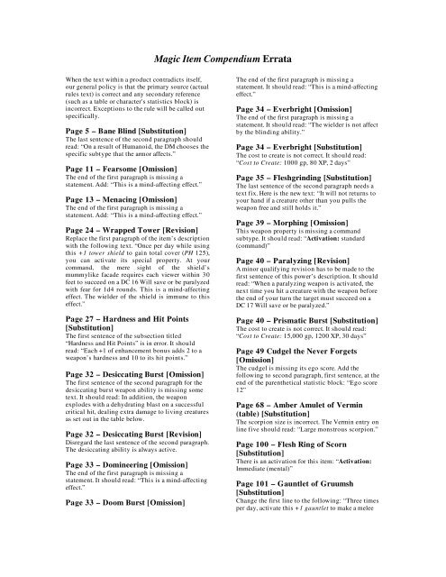 Magic Item Compendium Errata