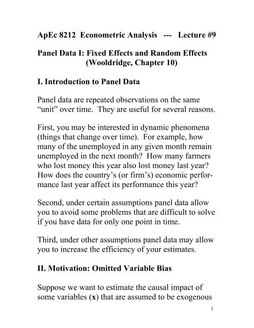 ApEc 8212 Econometric Analysis --- Lecture #9 Panel Data I: Fixed ...