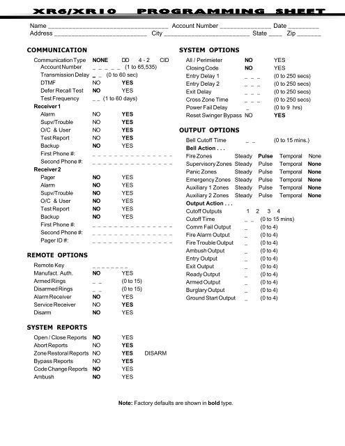 xr6/xr10 programming sheet - dmp.com - Digital Monitoring Products