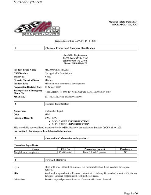 MSDS - Steve Schmidt Racing Engines