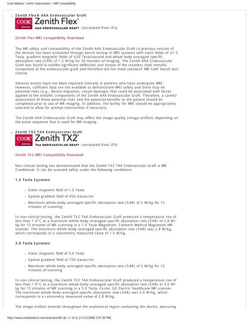 Cook Zenith Flex AAA Endovascular Graft - OSU MRI Implants
