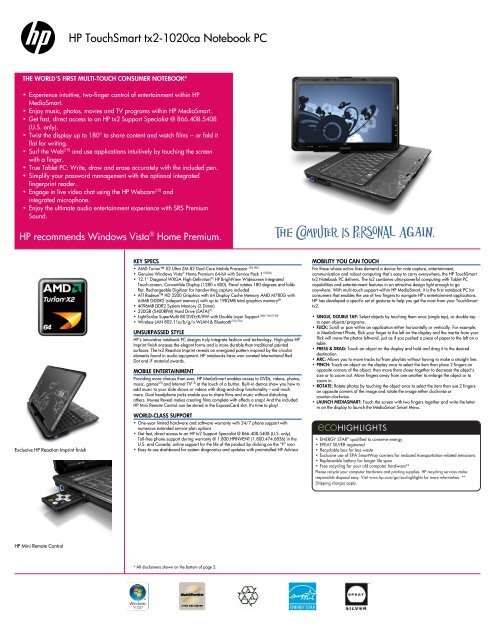 HP TouchSmart tx2-1020ca Notebook PC - Neu: HP Pavilion - HP