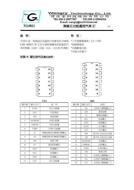 TX2/RX2 無線五功能遙控汽車IC