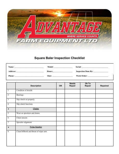 Square Baler Inspection Checklist