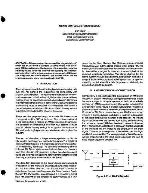 AN INTEGRATED AM STEREO DECODER Don Sauer National ...