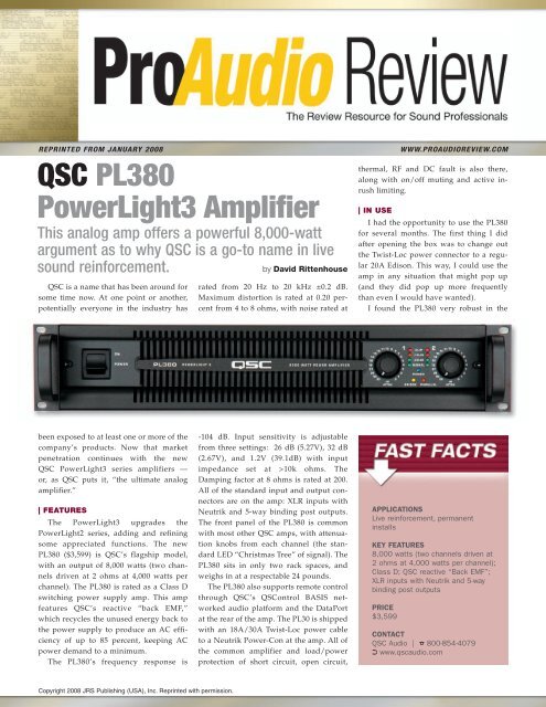 QSC PL380 PowerLight3 Amplifier - QSC Audio Products