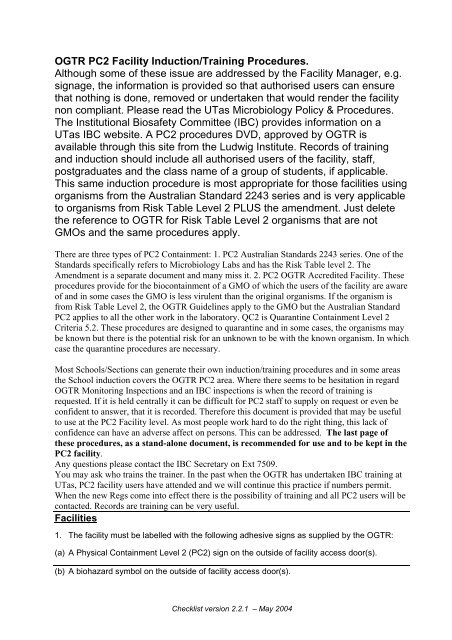 OGTR PC2 Laboratory facility Induction/Training Procedures