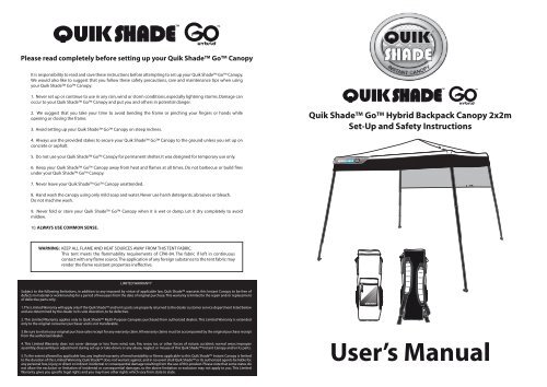 User's Manual - Quik Shade - The Instant Canopy