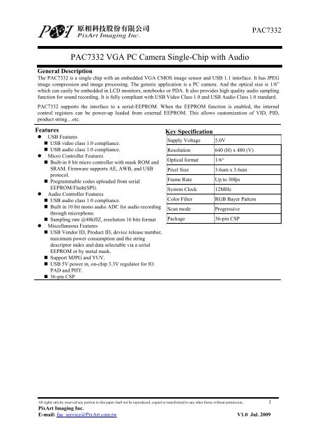 PAC7332 VGA PC Camera Single-Chip with Audio - Pixart Imaging ...