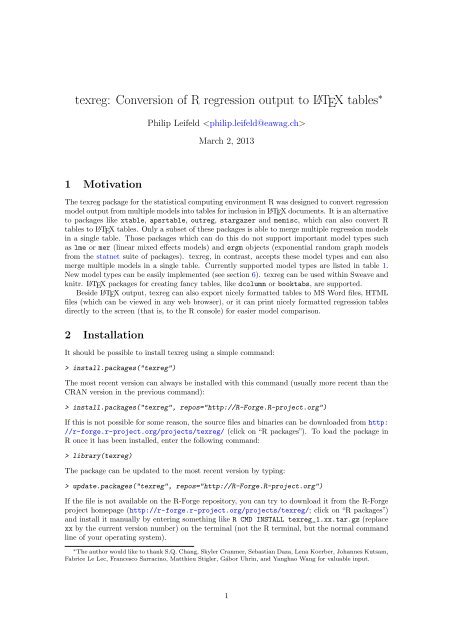 texreg: Conversion of R regression output to LATEX tables
