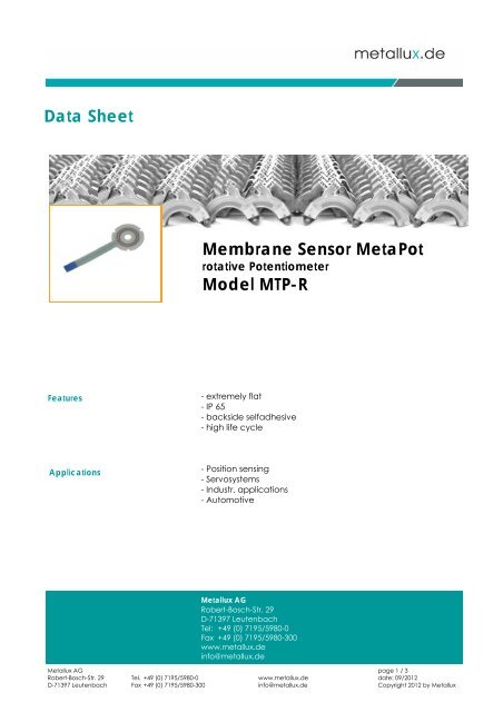 Membrane Sensor MetaPot Model MTP-R Data Sheet - Metallux AG