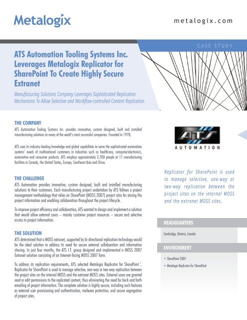 ATS Automation Tooling Systems Inc. Leverages Metalogix ...