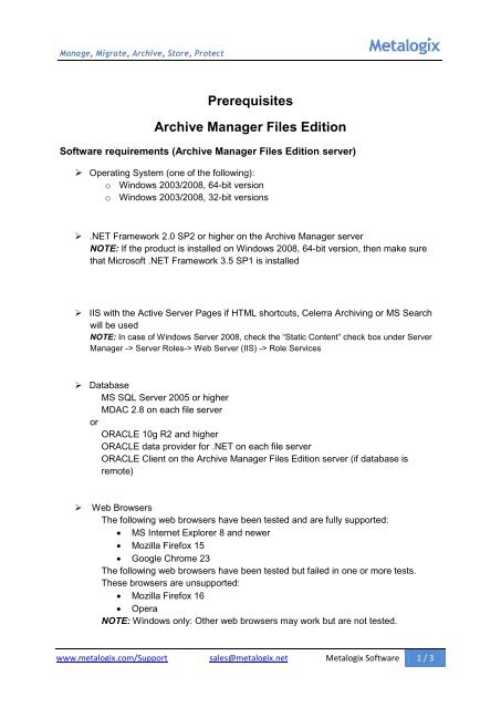 Prerequisites Archive Manager Files Edition - Metalogix Prerequisites Archive Manager Files Edition - Metalogix