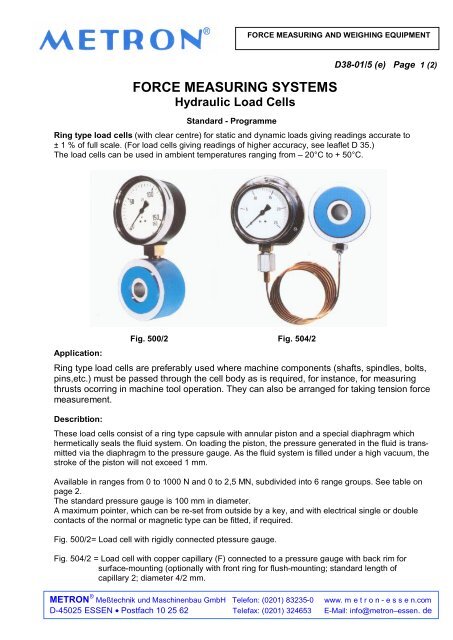 FORCE MEASURING SYSTEMS Hydraulic Load Cells - METRON