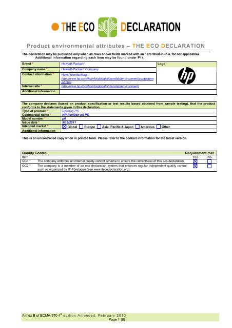 HP Pavilion p6 PC_IT ECO Declaration
