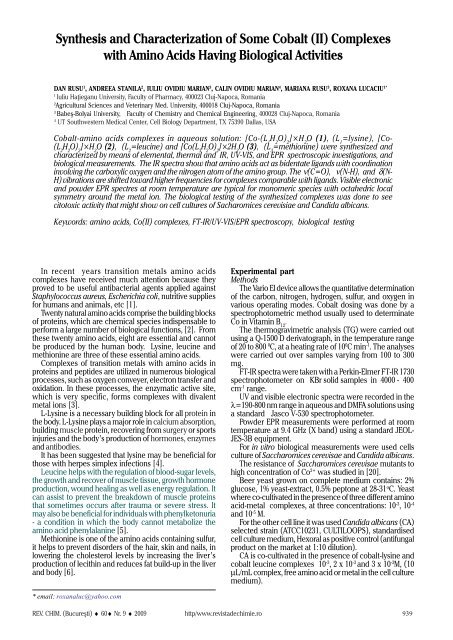 Synthesis And Characterization Of Some Cobalt Ii Complexes