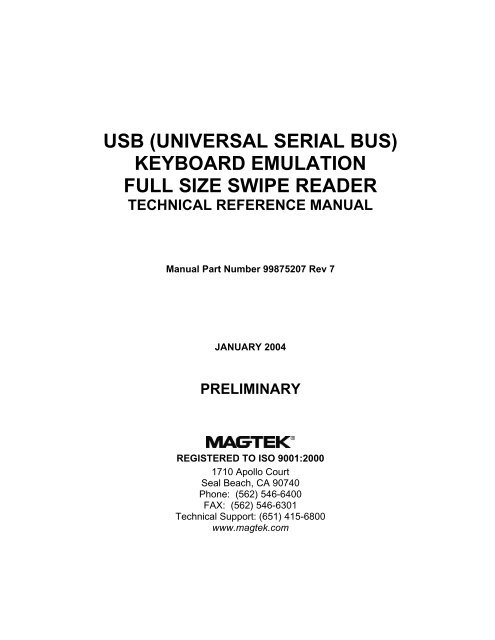 USB (Universal Serial Bus) Keyboard Emulation, Full Size ... - MagTek