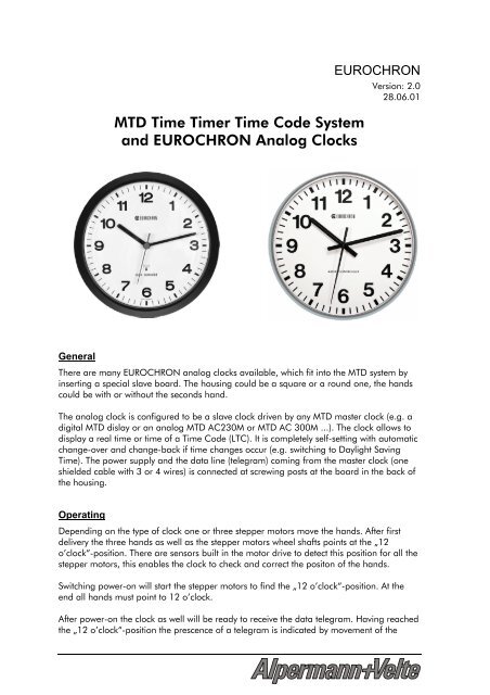 MTD Time Timer Time Code System and EUROCHRON Analog ...