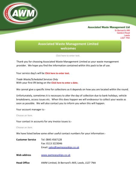 AWM Welcome Pack Sample - Associated Waste Management