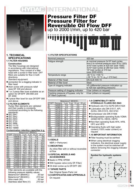 Pressure Filter DF Pressure Filter for Reversible Oil Flow DFF
