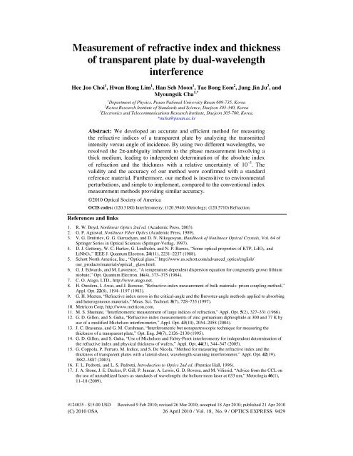Measurement of refractive index and thickness of transparent plate ...
