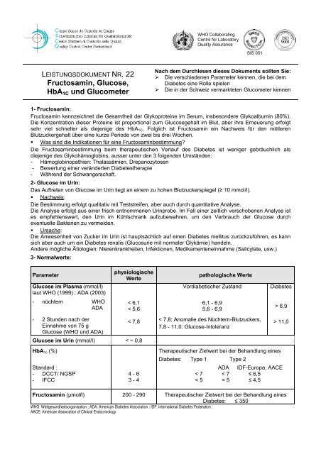 Fructosamin, Glucose, HbA1C und Glucometer - CSCQ