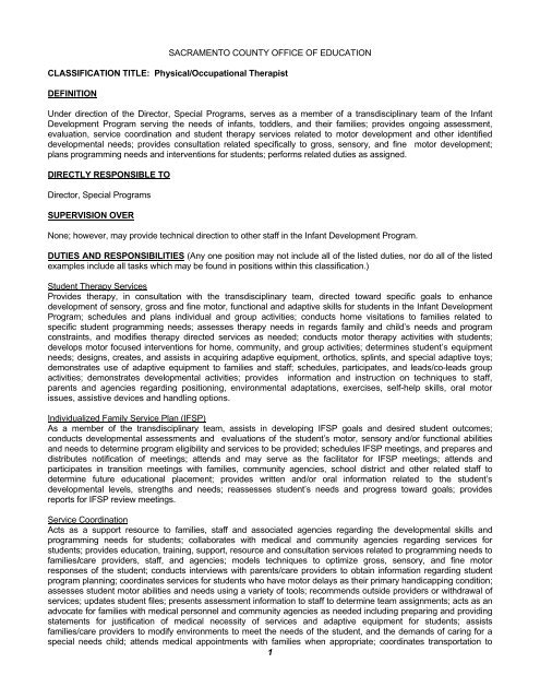 Job Description: Physical/Occupational Therapist - Sacramento ...